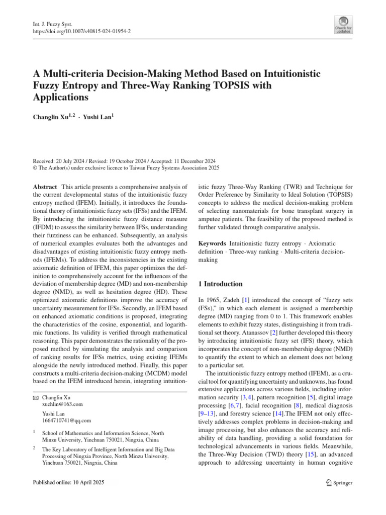 A Multi-Criteria Decision-Making Method Based On Intuitionistic Fuzzy Entropy and Three-Way ...