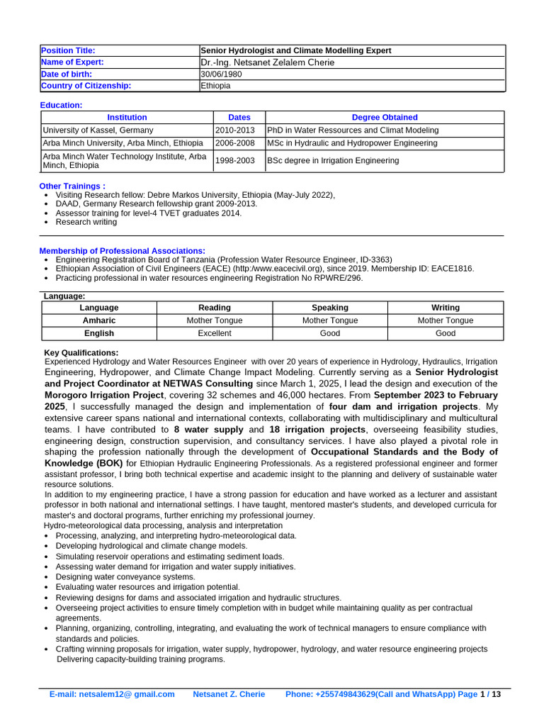 CV - Netsanet Zelalem Cherie - 2025 | PDF | Dam | Hydrology