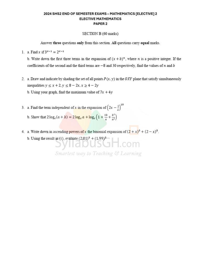 2024 SHS2 End of Sem - E-Maths 2 | PDF