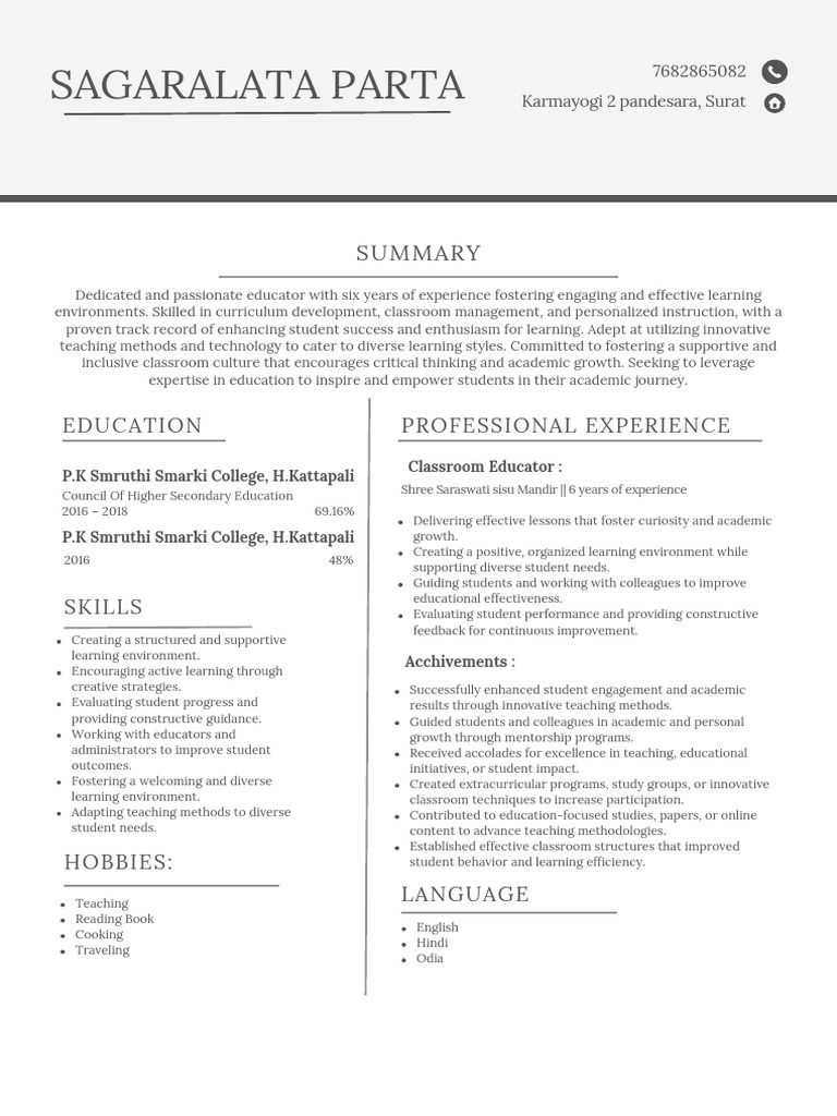 Gray and White Simple Clean Resume (1) (3) | PDF | Teaching Method | Learning