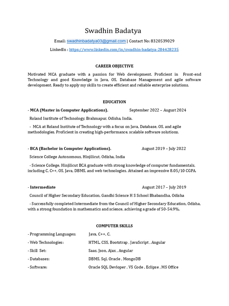 Swadhin Badatya Resumee-1 | PDF | Databases | Java (Programming Language)