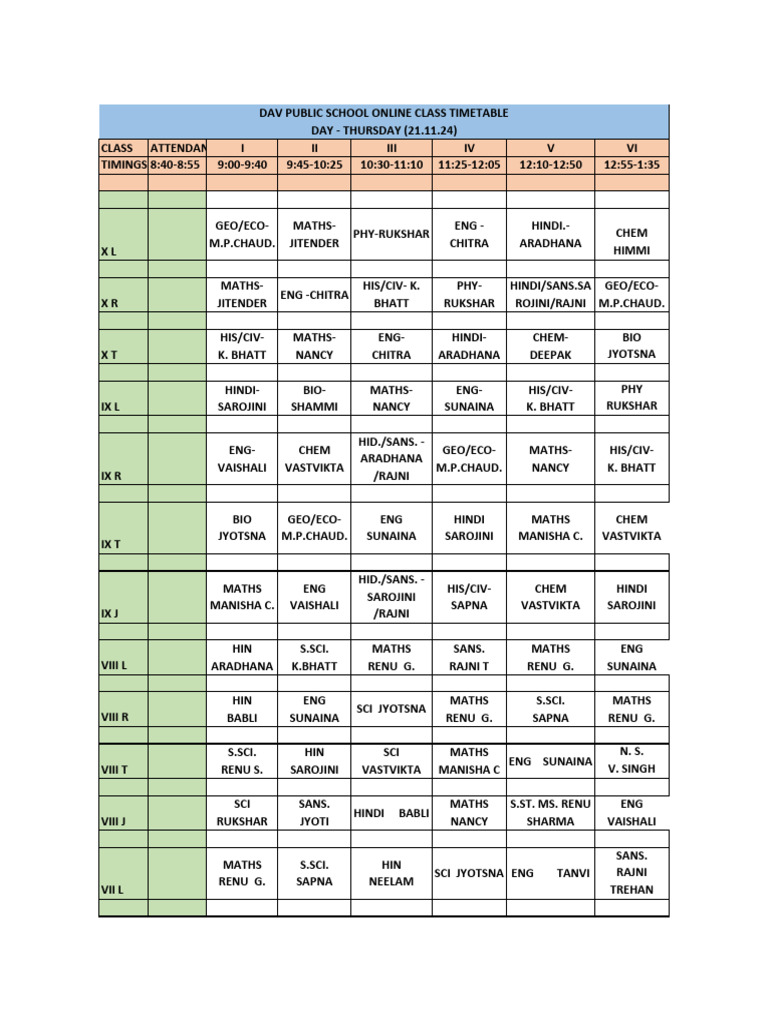 Class Timetable for DAV School | PDF