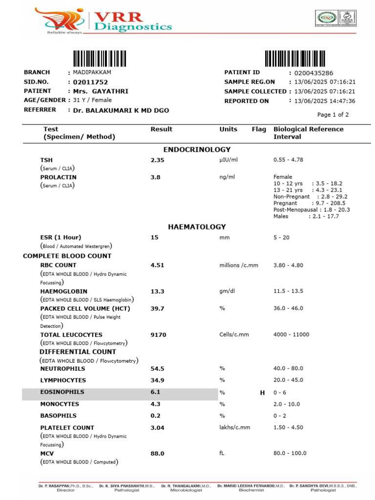 Mrs. Gayathri Dr. Balakumari K MD Dgo Test (Specimen/ Method) Result ...