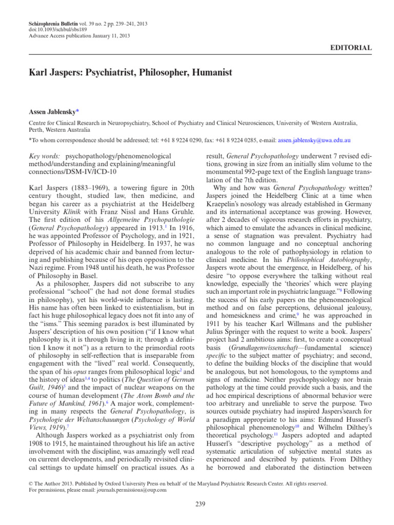 Karl Jaspers Article | PDF | Psychopathology | Psychiatry