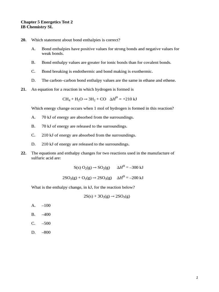 Chapter 5 Energetic Test With Answers | PDF | Chemical Reactions | Enthalpy