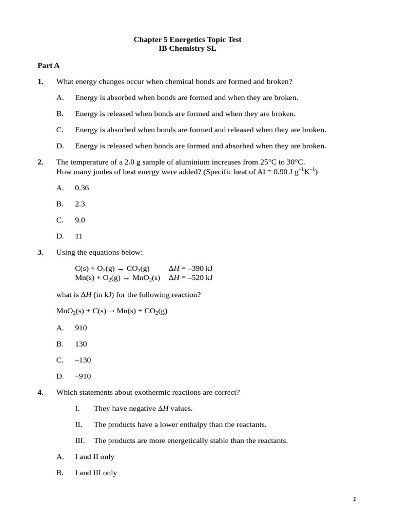 Chapter 5 Energetic Test With Answers | PDF | Chemical Reactions | Methane