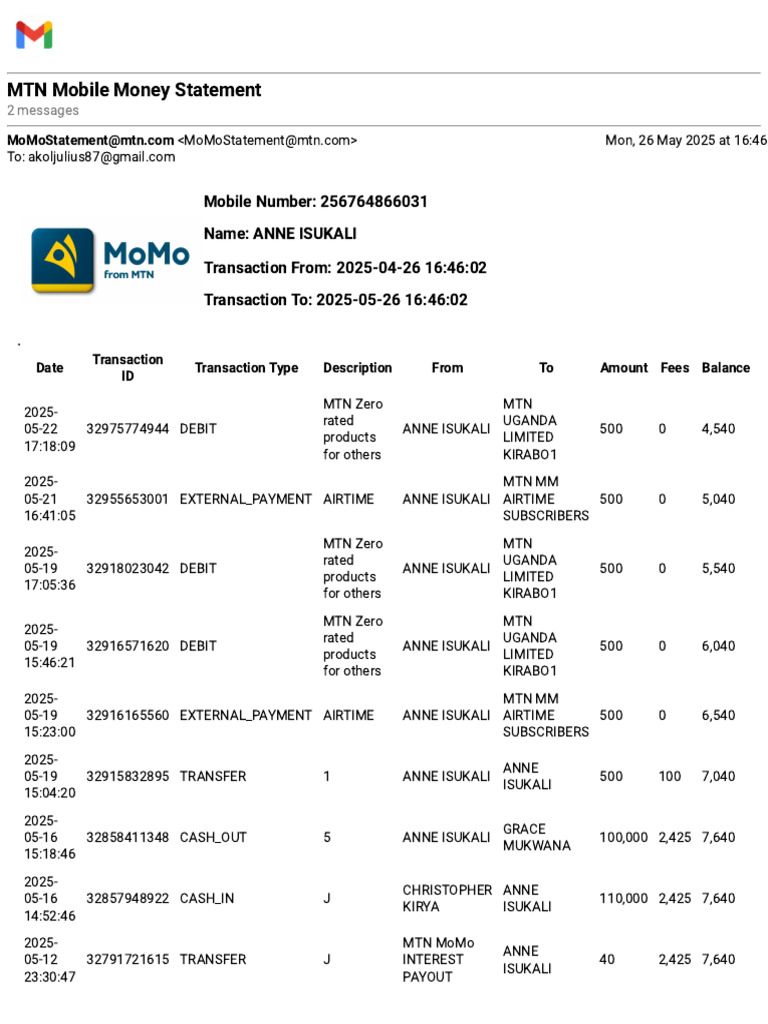 Gmail - MTN Mobile Money Statement | PDF | Debit Card | Visa Inc.
