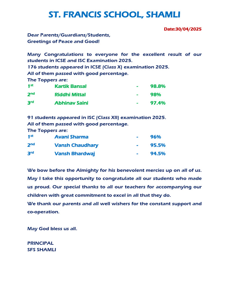 Icse & Isce 2025 Board Result (Circular Parents) | PDF
