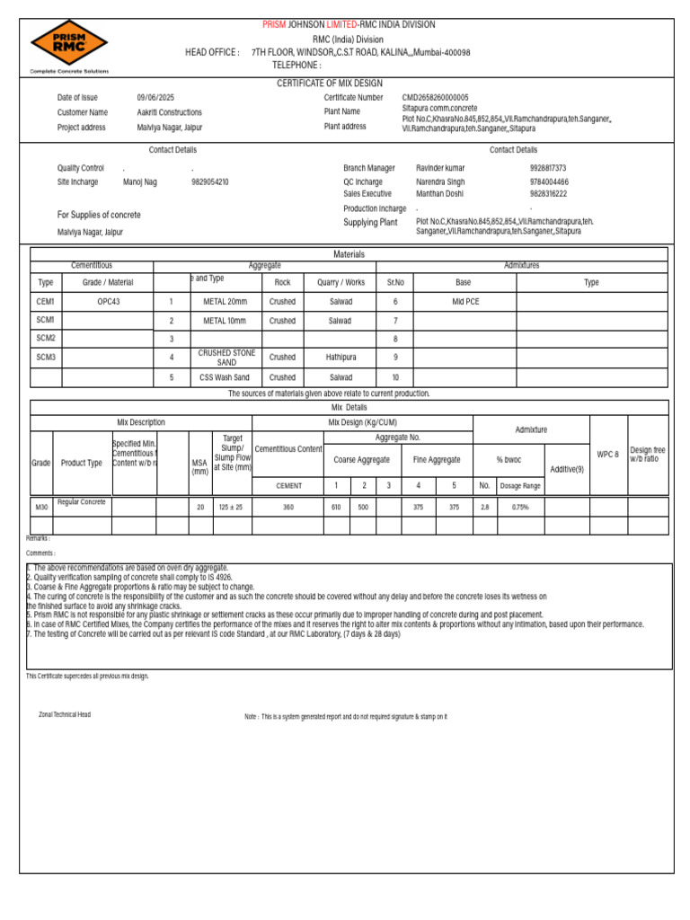 Aakriti Construction Mix Design Only Cement | PDF | Concrete | Building Technology