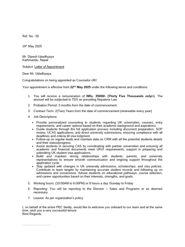 Appointment Letter-Dipesh Upadhayaya | PDF