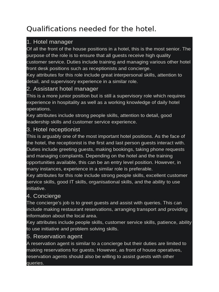 Hotel Staff Roles and Qualifications | PDF | Human Resources | Business ...