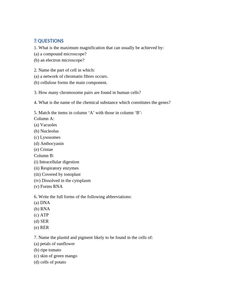 Class 9 Biology Questions Answers | PDF | Flowers | Cell Nucleus