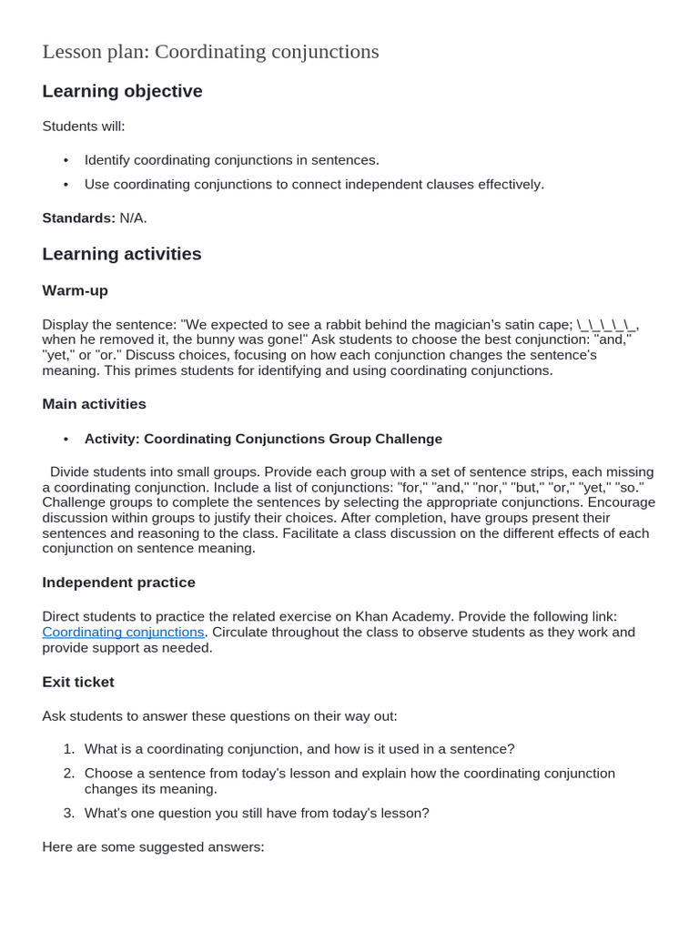 Lesson Plan - Coordinating Conjunctions | PDF | Sentence (Linguistics ...