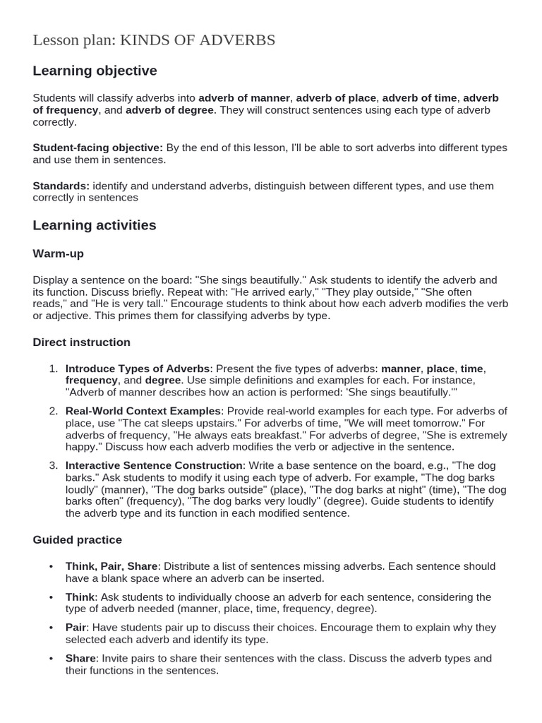 Lesson Plan: Types of Adverbs | PDF | Adverb | Verb