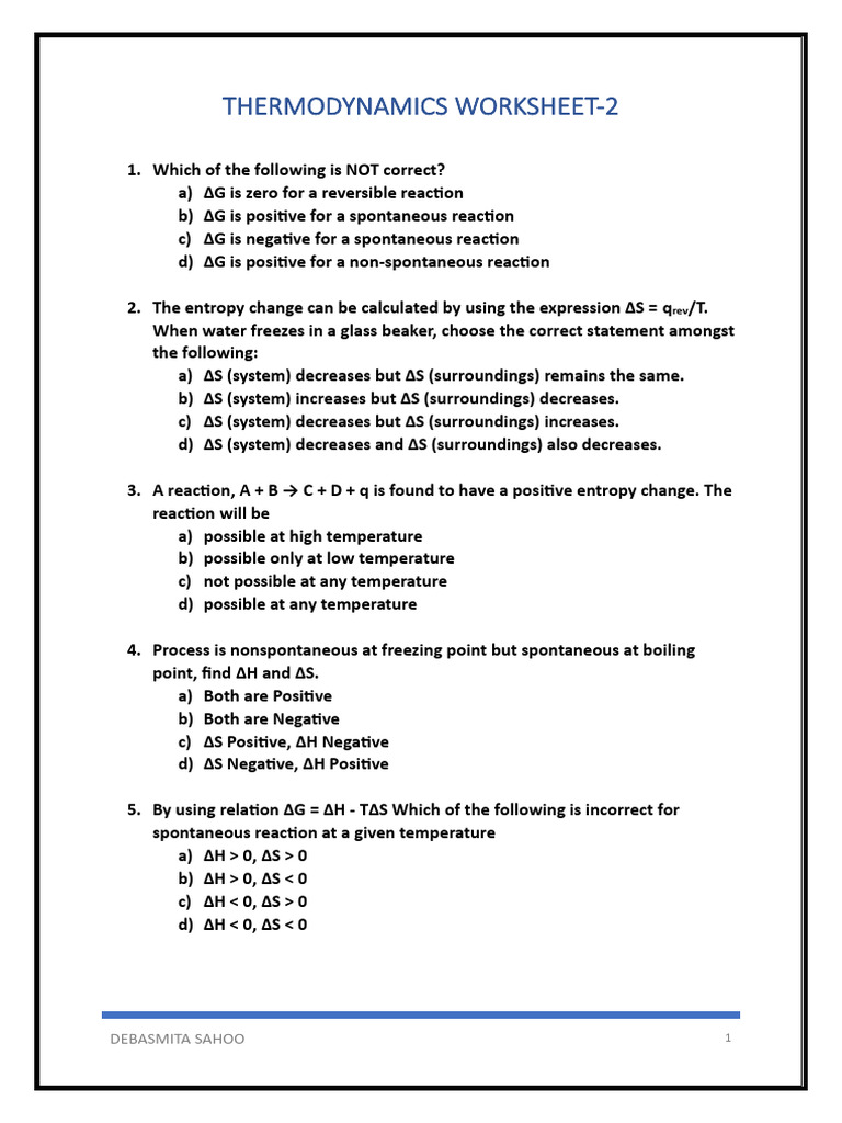 Thermodynamics Worksheet 2 | PDF | Temperature | Entropy