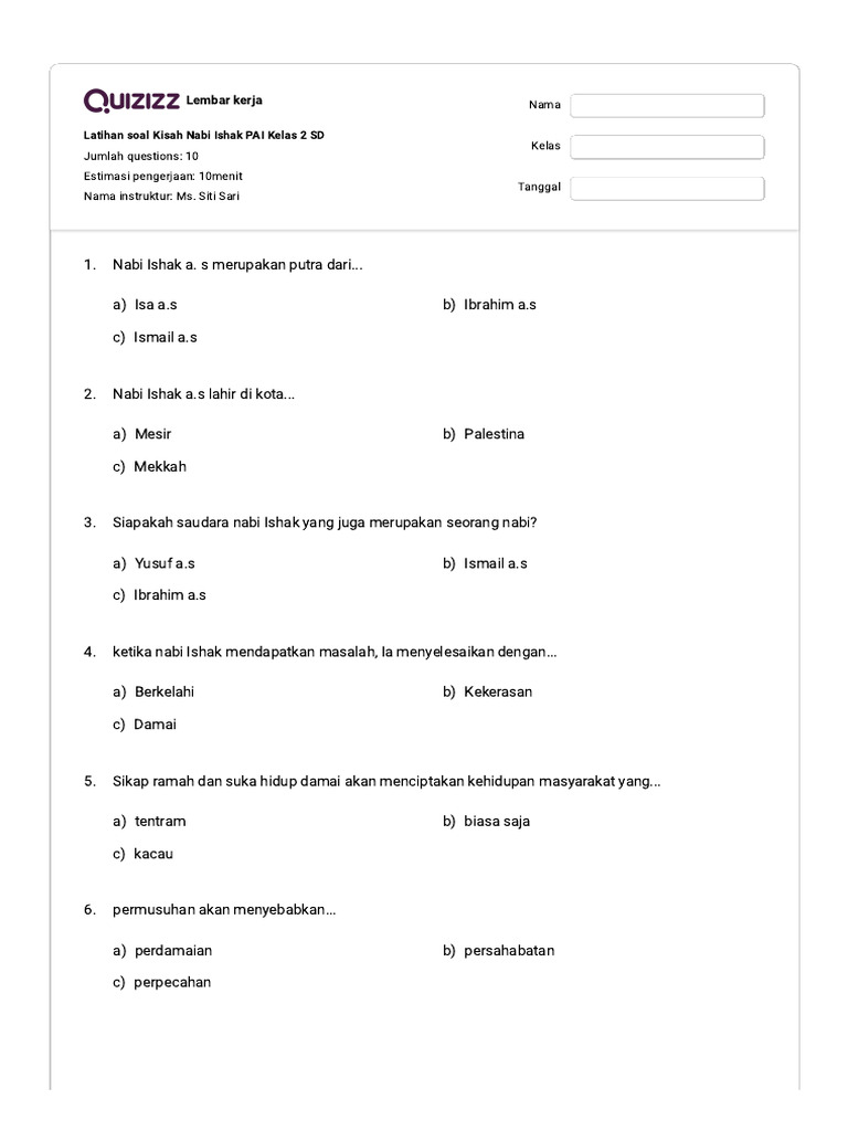 Latihan Soal Kisah Nabi Ishak PAI Kelas 2 SD - Quizizz | PDF