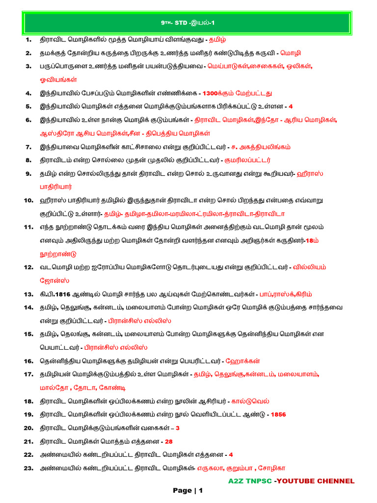 9th New Tamil One Liner Full | PDF