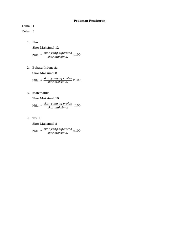 Pedoman Penskoran Tema 1 | PDF