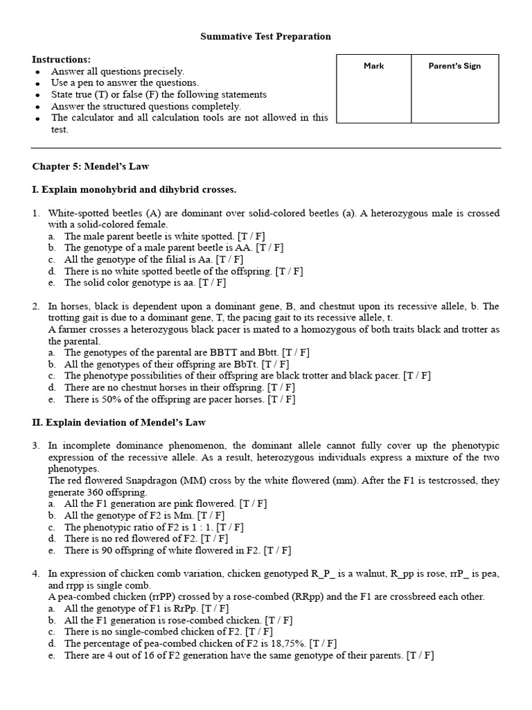 Summative Test on Mendel's Laws | PDF | Dominance (Genetics) | Genotype
