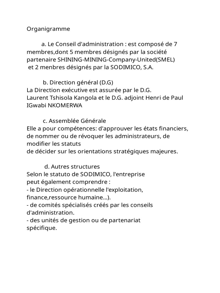 Organigramme de SODIMICO | PDF