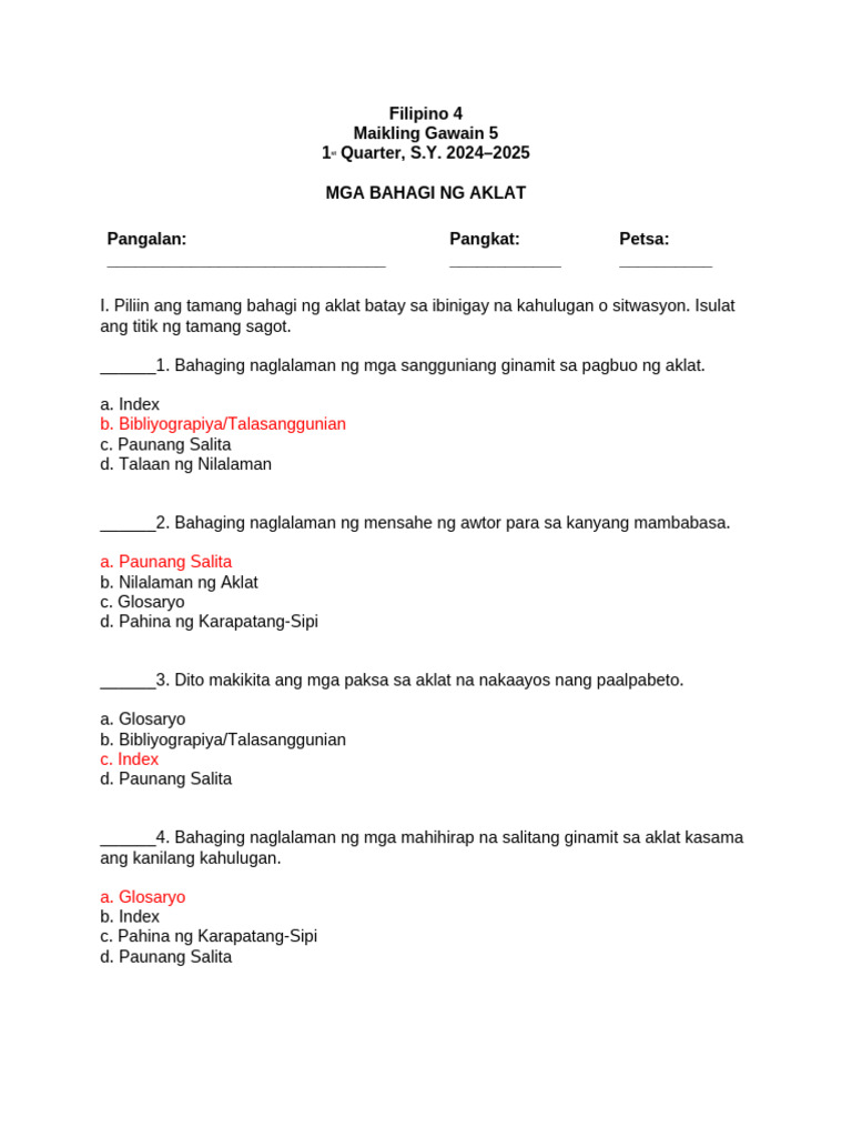 q1-l4 - Bahagi NG Aklat | PDF