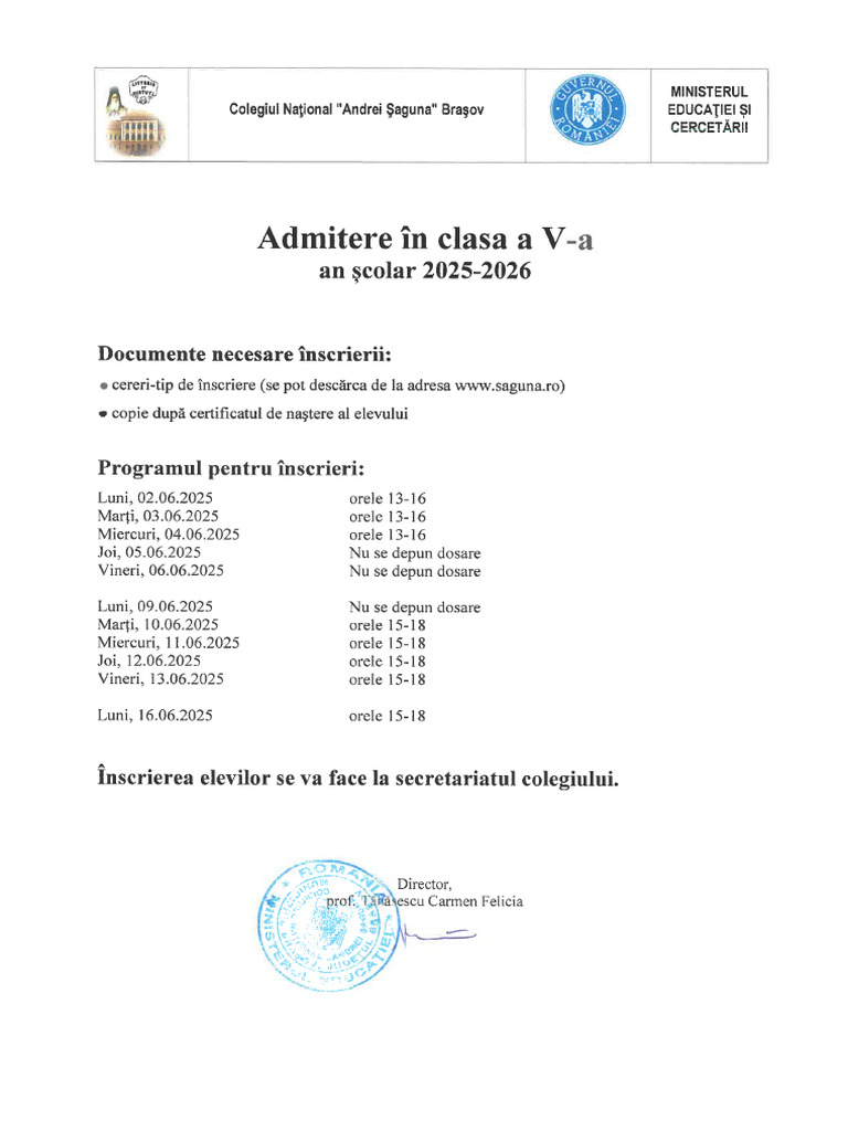 Admitere Clasa AVa Program + Documente Inscriere | PDF