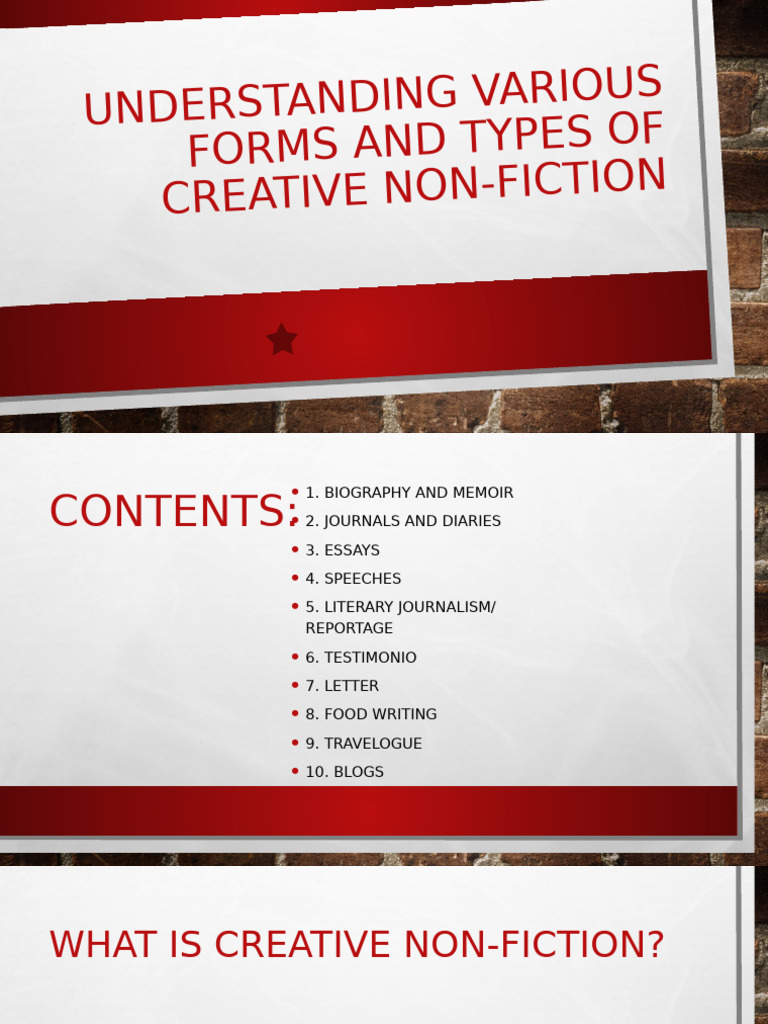 Types of Creative Non-Fiction Explained | PDF | Public Speaking | Essays