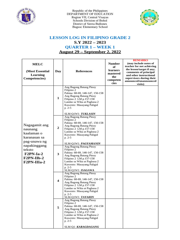 Lesson Log SLM Ims Filipino2 q1w1 | PDF