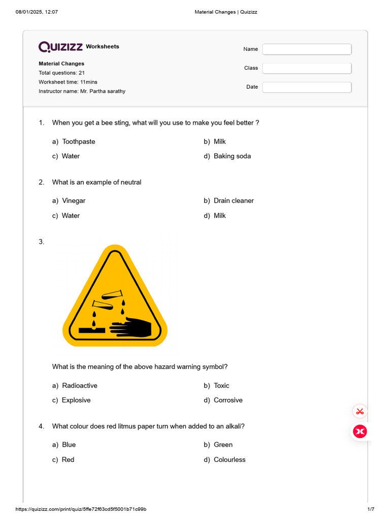 Material Changes Worksheet Quiz | PDF | Acid | Chemical Compounds