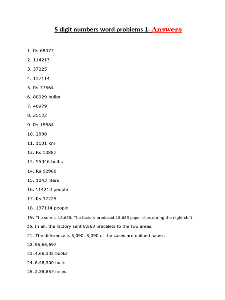5 Digit Numbers Word Problems 1-Answers | PDF