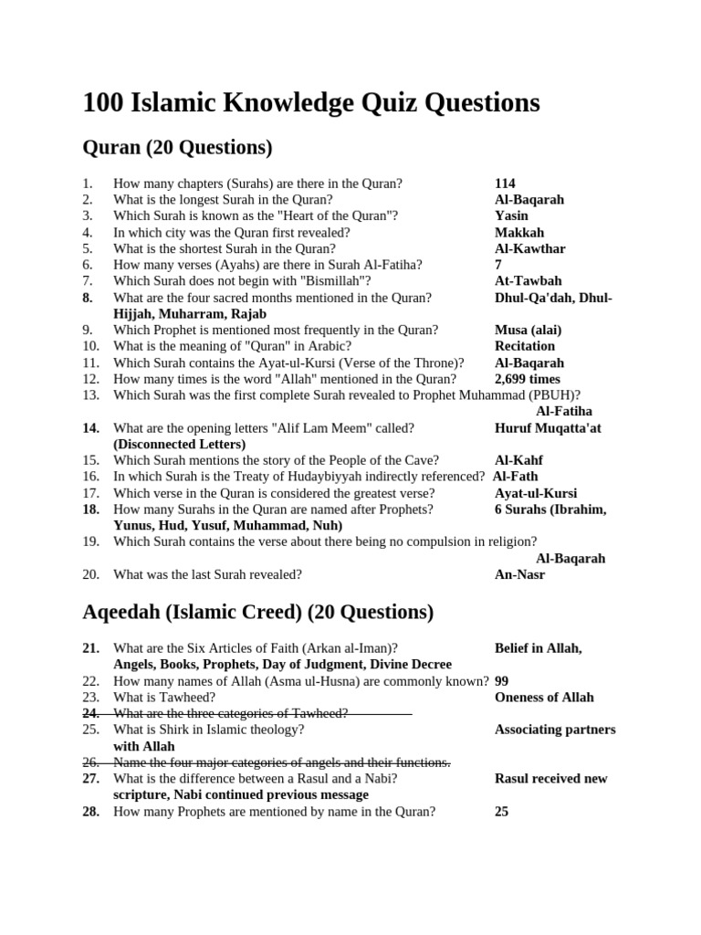 100 Islamic Knowledge Quiz Questions | PDF | Muhammad | Prophets And ...