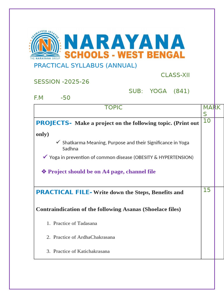 Class 12 Yoga Practical Syllabus 2025-26 | PDF