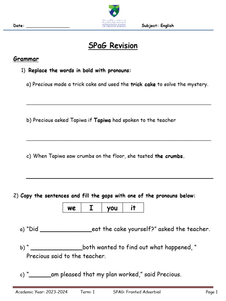 Eng Gr2 Yr3 SPaG Revision Sheet Final | PDF | English Language | Pronoun