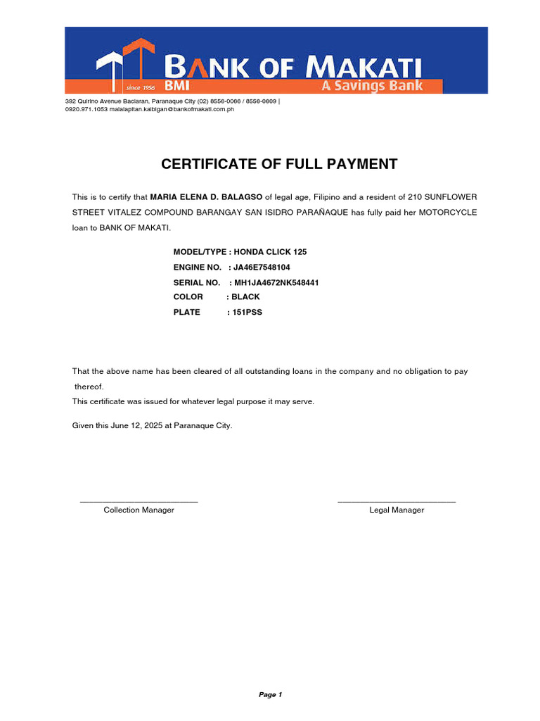 Certificate of Full Payment Maria Elena Balagso PDF | PDF