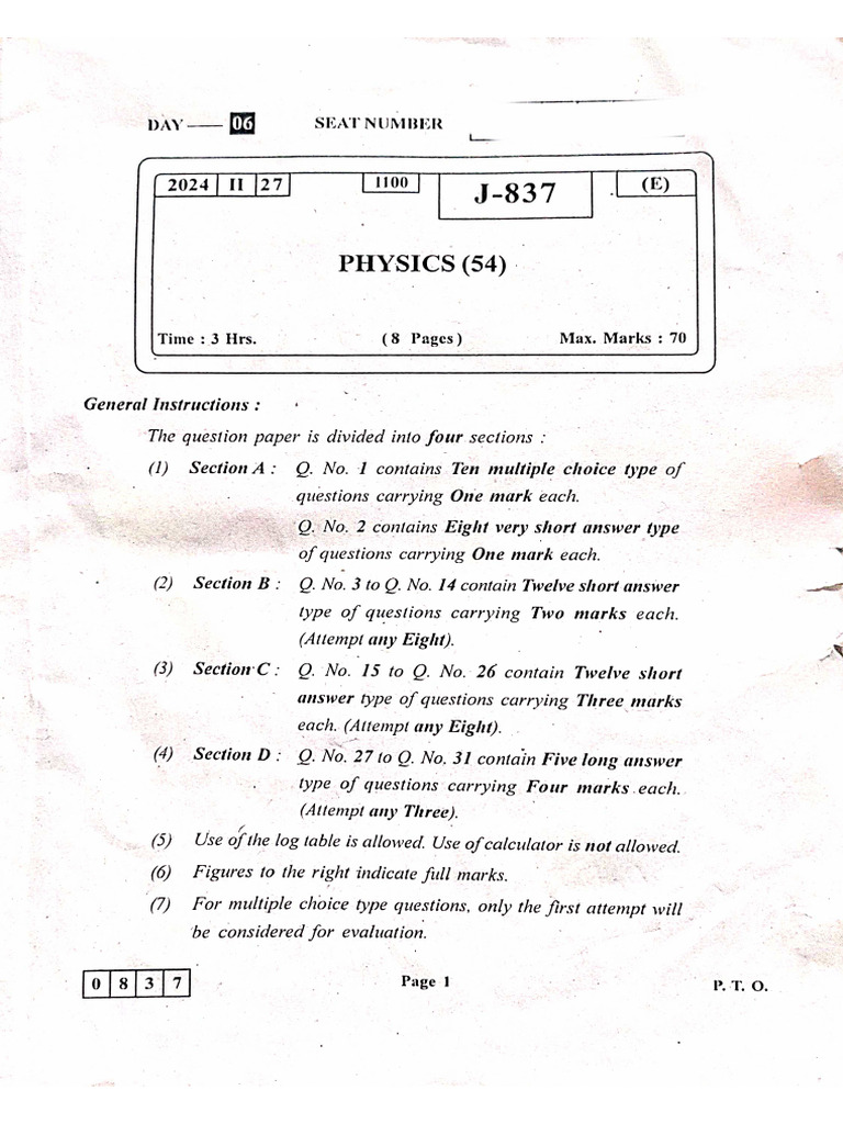 12th Physics Board Paper 2024 | PDF