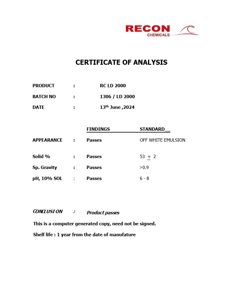 COA-RCLD2000 1306 Tinyfoam AP 730-PO-2410068-Recon-04.09.2024 (Rev) | PDF