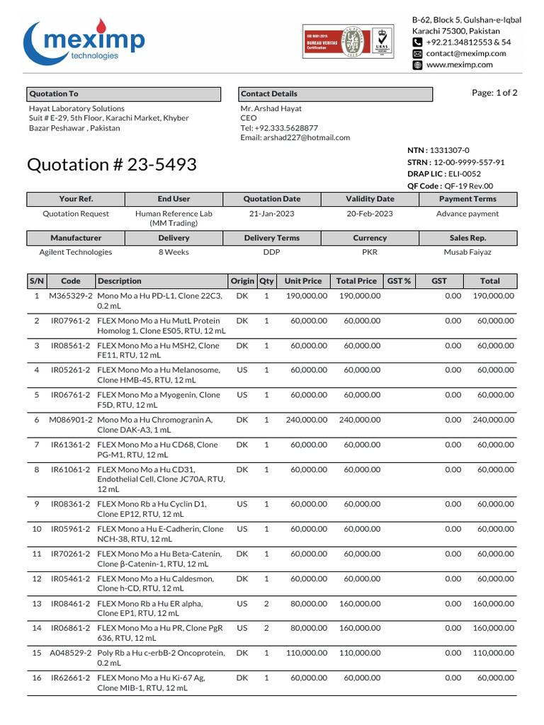 Quotation # 23-5493-Rev1 - Hayat Lab - MMT | PDF | Cell Biology | Biochemistry