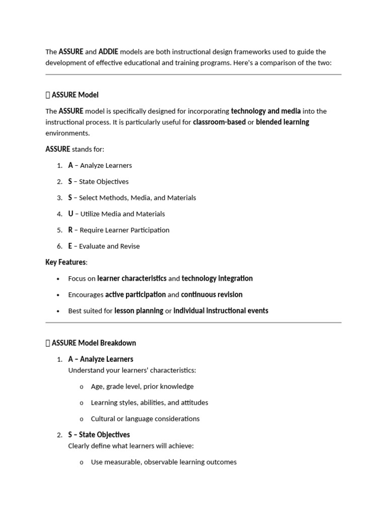 The ASSURE and ADDIE Models Are Both Instructional Design Frameworks ...