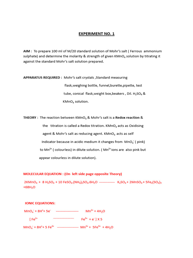Mohr's Salt Titration with KMnO4 | PDF | Titration | Chemistry