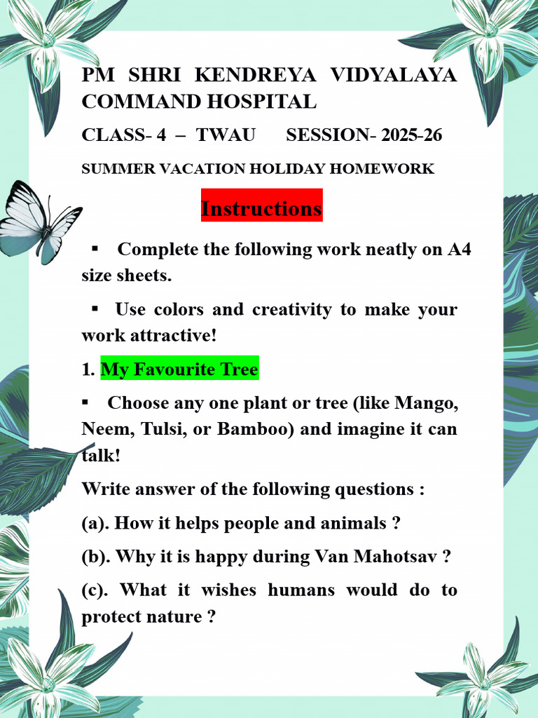 Summer Vacation Holiday Homework Class IV Twau 1 | PDF