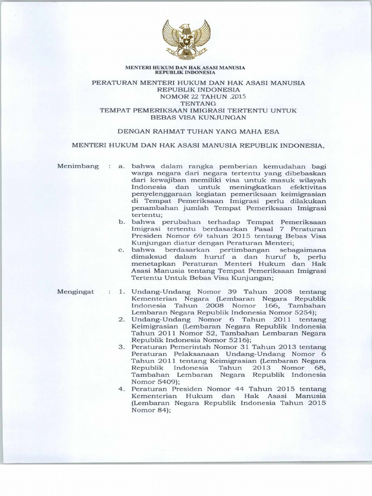 Nomor 22 Tahun 2015 Tentang Tpi Tertentu Untuk Bebas Visa Kunjungan | PDF