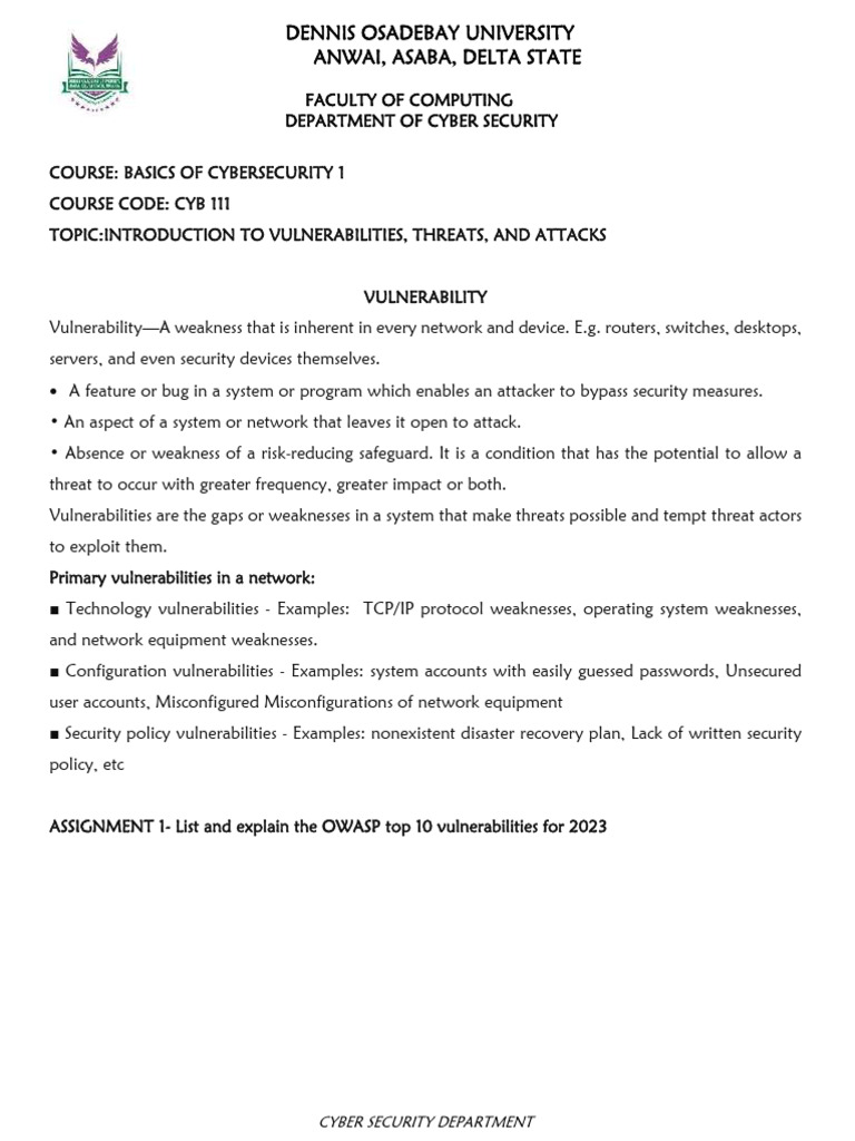 Cyb 111 - Threats, Vulnerability Attack | PDF | Malware | Security