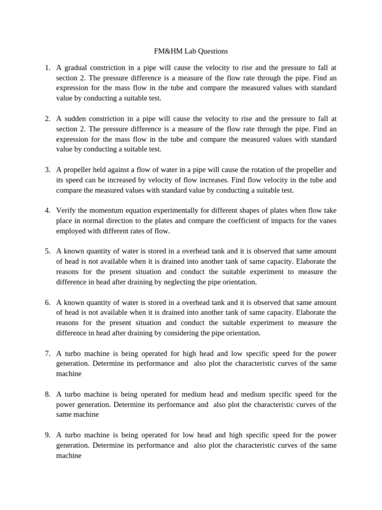 Fm&Hm Lab Questions | PDF | Flow Measurement | Pressure