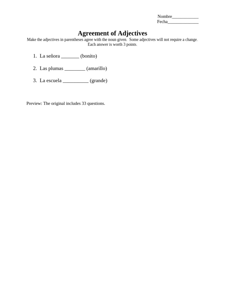 Adjective Agreement Exercise Worksheet | PDF