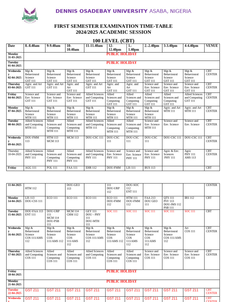 100 Level First Semester Examination Timetable 2024 2025 Academic ...