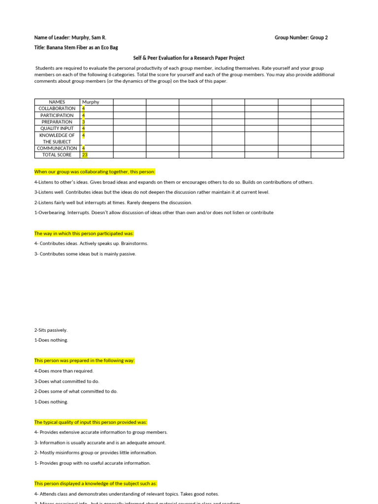 Self & Peer Evaluation For A Research Paper Project - REGIS | PDF | Information | Communication