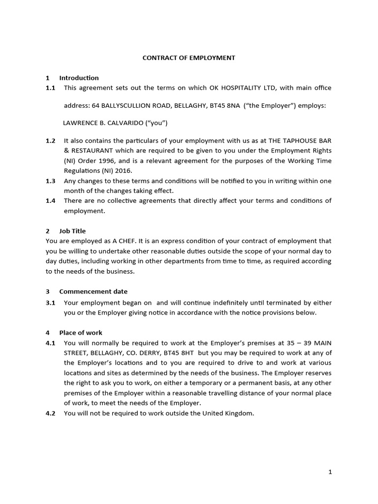 Contract of Employment Lawrence | PDF | Employment | Sick Leave