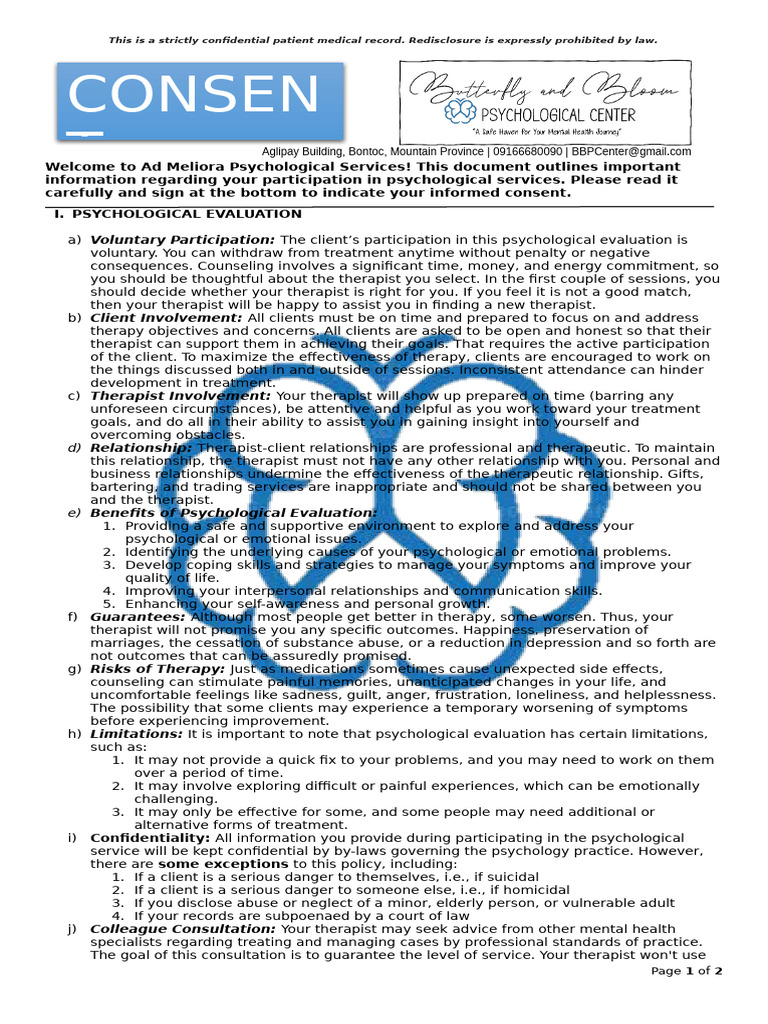 Consent Form-Psychological Evaluation | PDF | Psychotherapy | Informed ...