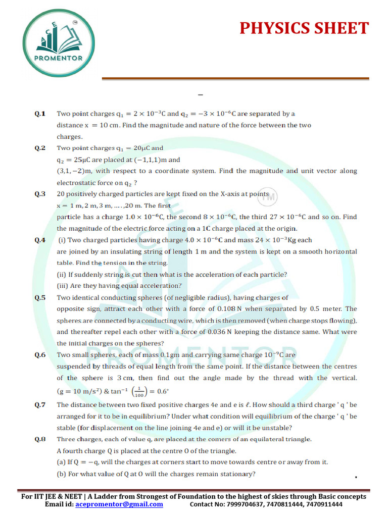 Physics Sheet Electrostatics DPP 1 | PDF