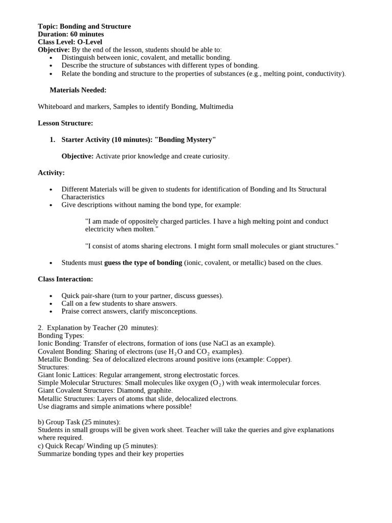Lesson Plan Bonding & Structure O Level | PDF
